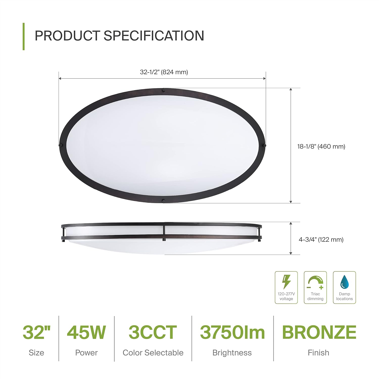 ASD 32 Inch Oval Flush Mount Ceiling Light 45W 3750 Lm Dimmable LED ...
