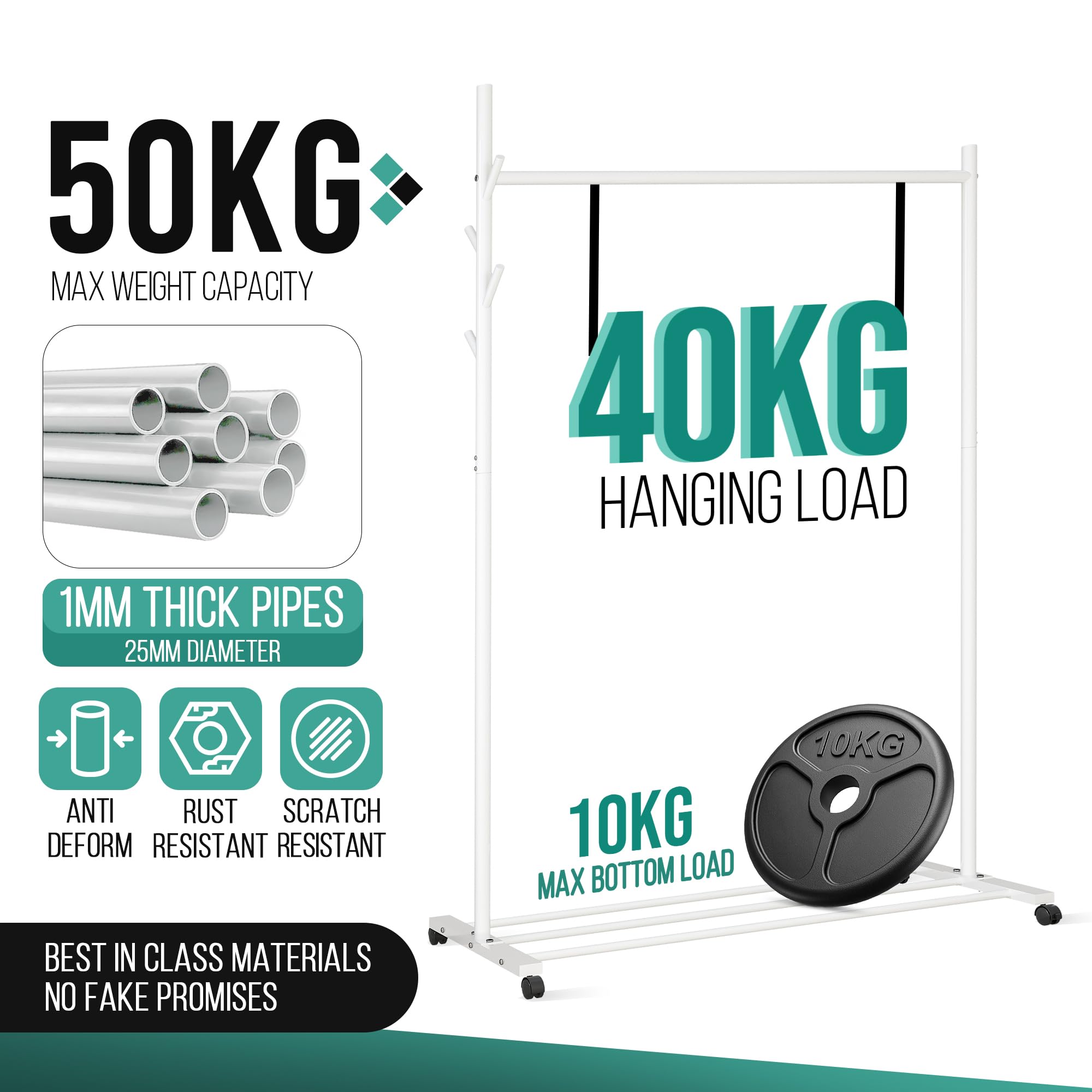 KLASS Portable Clothes Rail, Clothes Rack With Storage Shelf, 6 Hooks ...