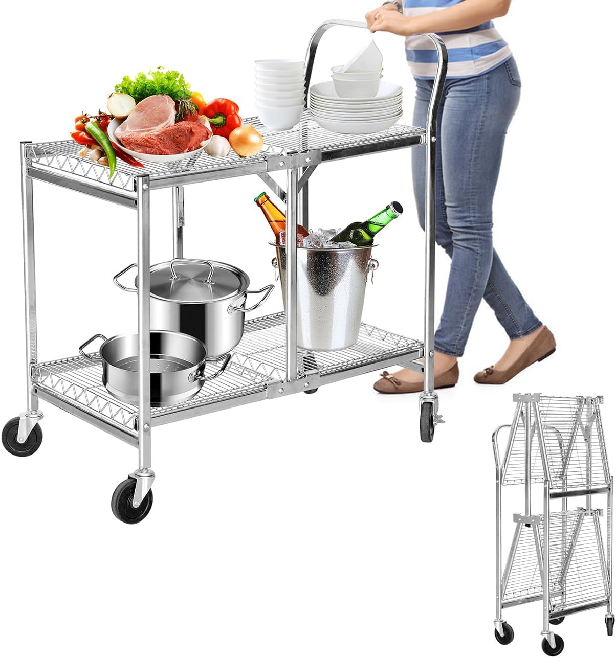 Amazon.com: biosp 2-Tier Collapsible Wire Cart with Wheels, Heavy Duty ...