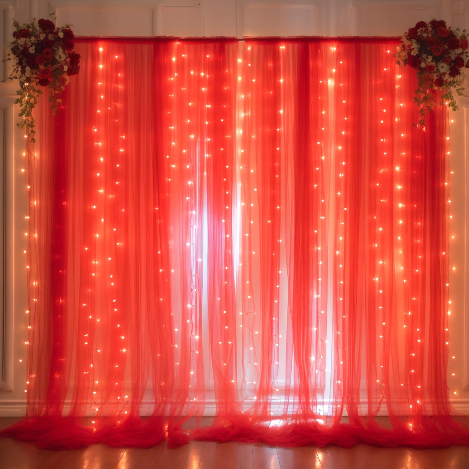 Amazon.com : 10x10ft Red Tulle Backdrop Curtain with Lights String for ...