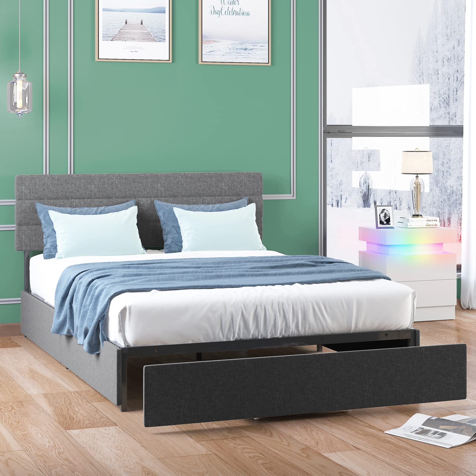Amazon.com: BALUS Full Size Bed Frame with Drawers, No Box Spring ...