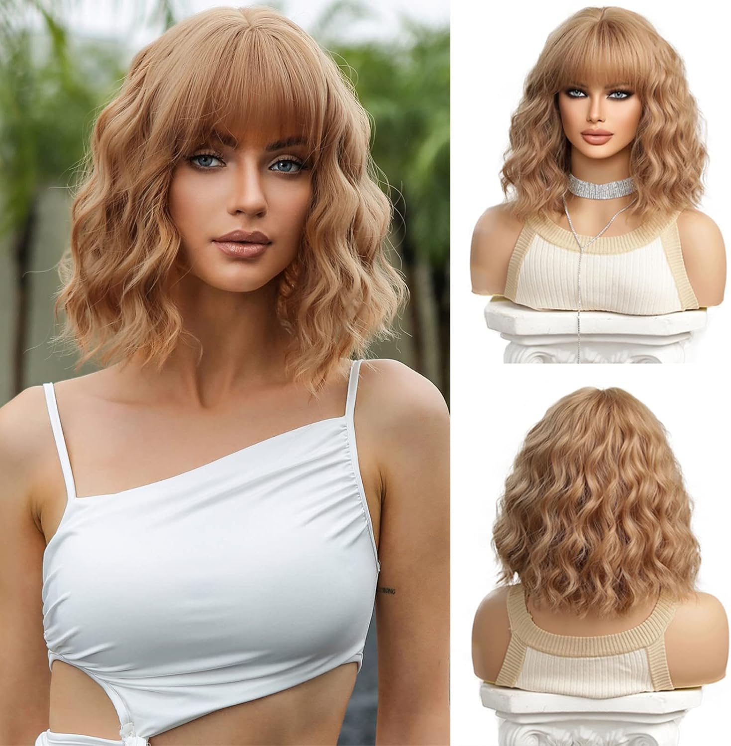 Esmee Short Wave Strawberry Blonde Bob Wigs With Bangs Shoulder Length ...