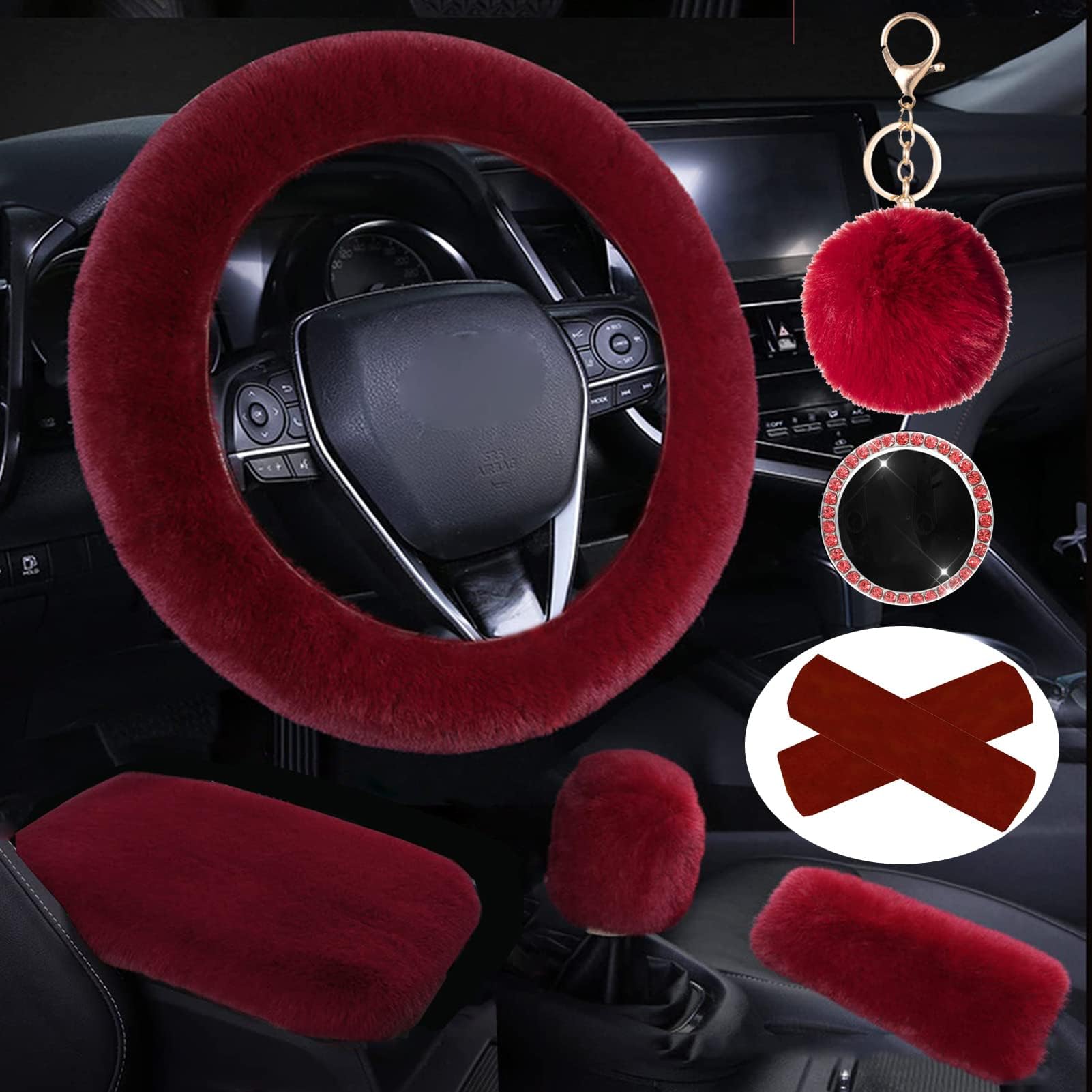 Amazon.com: STEVE YIWU Cute Fluffy Steering Wheel Cover Set, Warm Soft ...