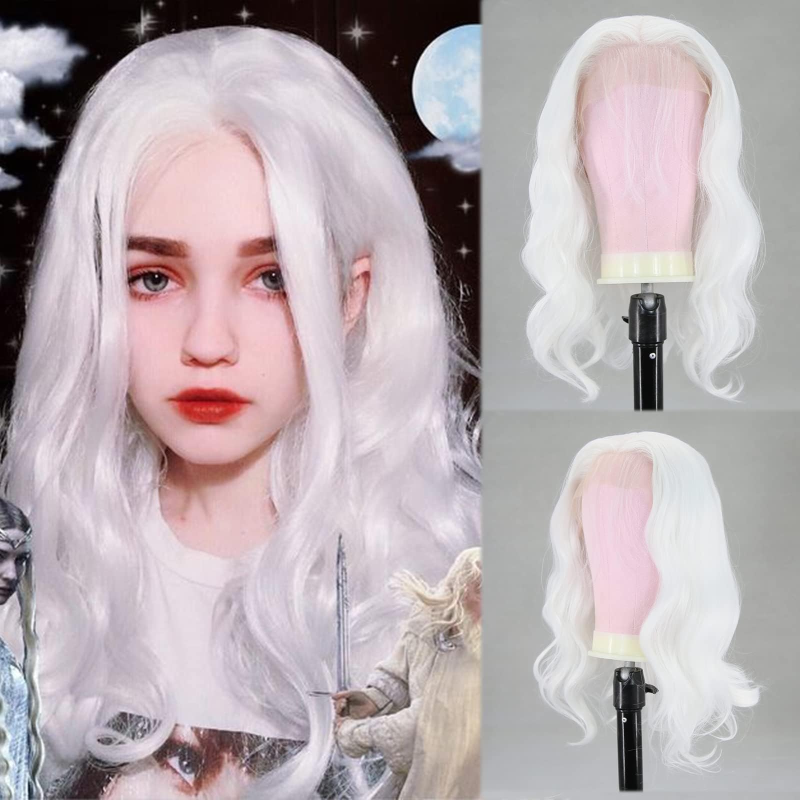 Amazon.com : BTWTRY Short White Wig Loose Curly Wavy Lace Front Wigs ...
