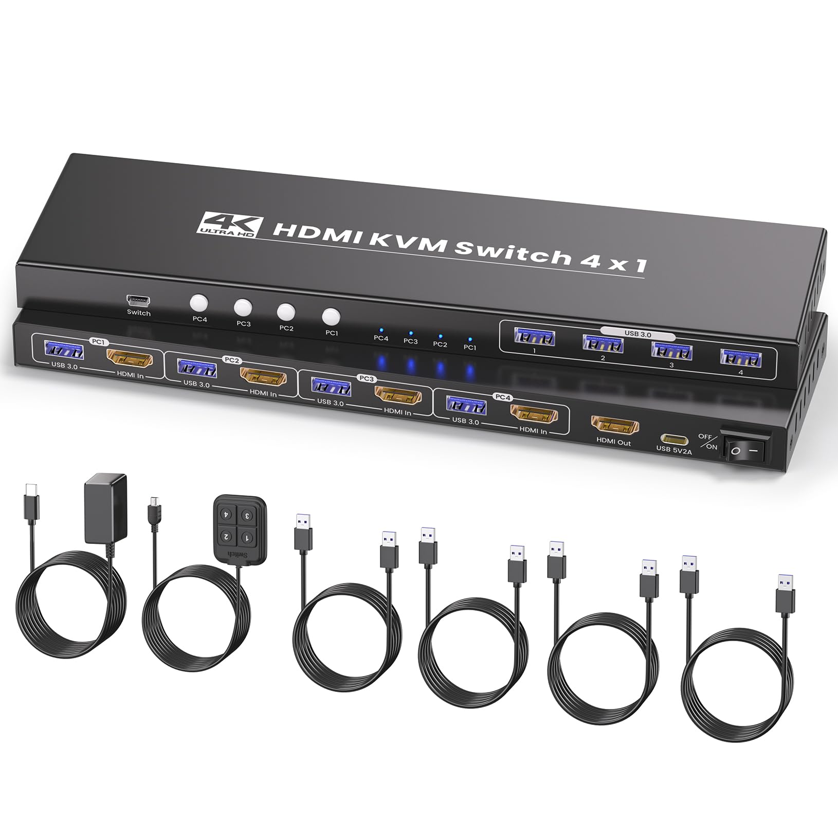 4K@60Hz HDMI KVM Switch 1 Monitors 4 Computers, USB 3.0 4 Port HDMI KVM ...