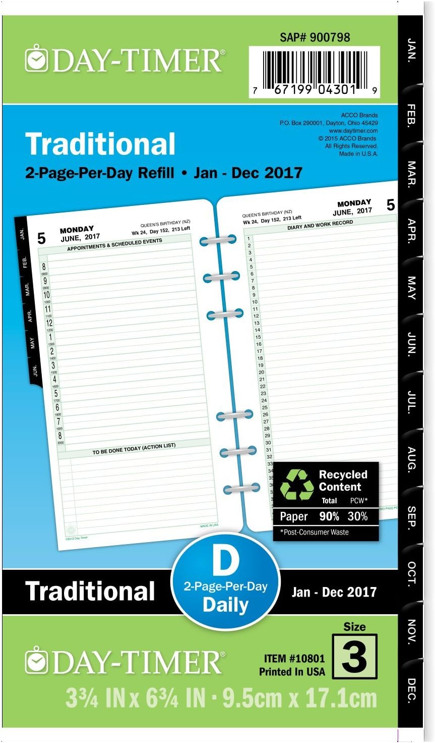 Amazon.com : Day-Timer Daily Planner Refill 2017, Two Page Per Day ...