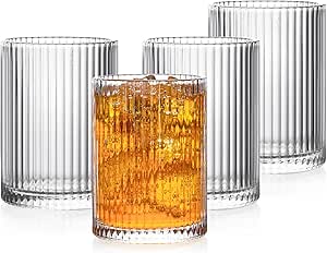 POLIDREAM Ribbed Glasses Set of 4 Drinking Glasses 300ml Vintage ...