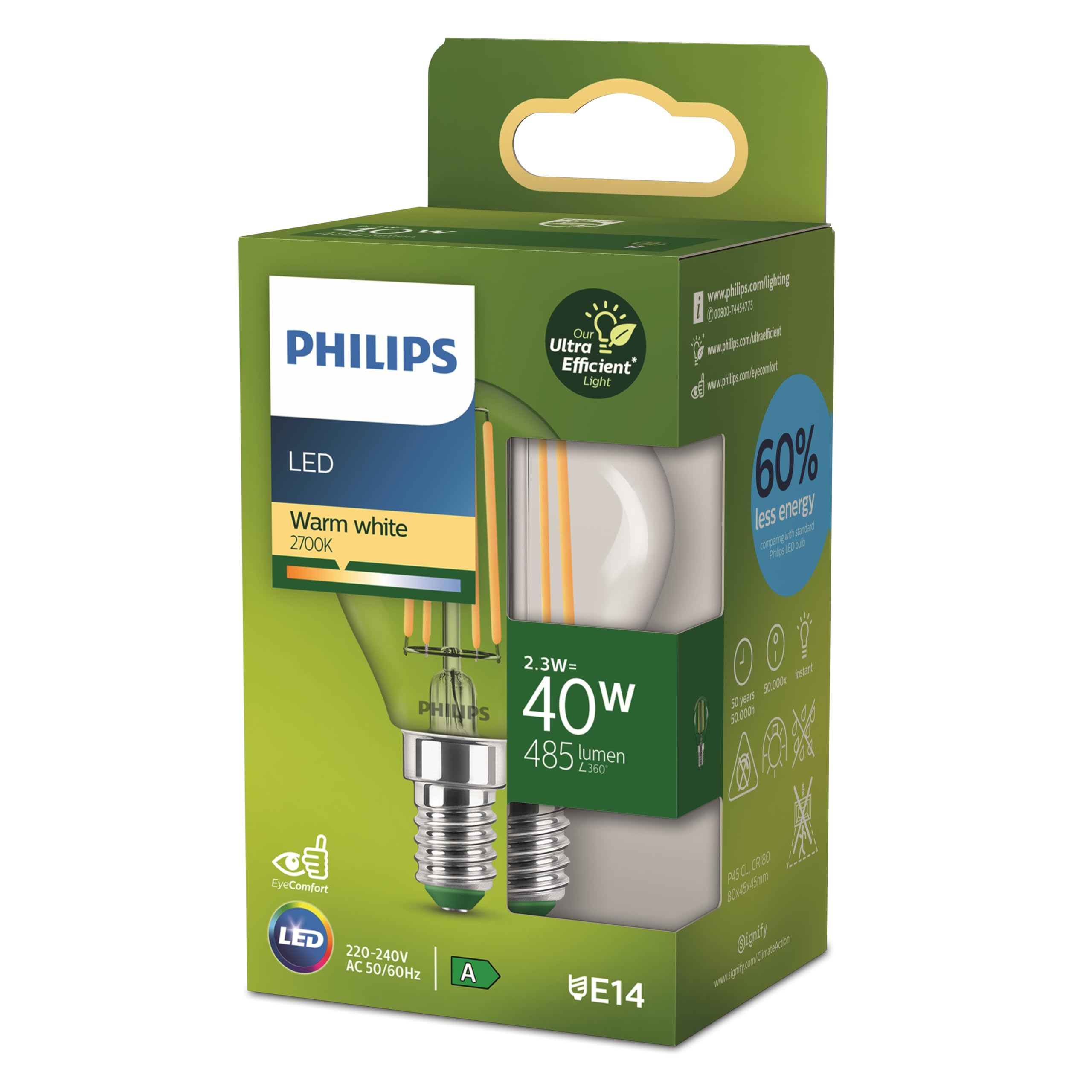 Philips LED Light Bulb, Classic, UltraEfficient, 40 W, 485 Lumen, P45 ...
