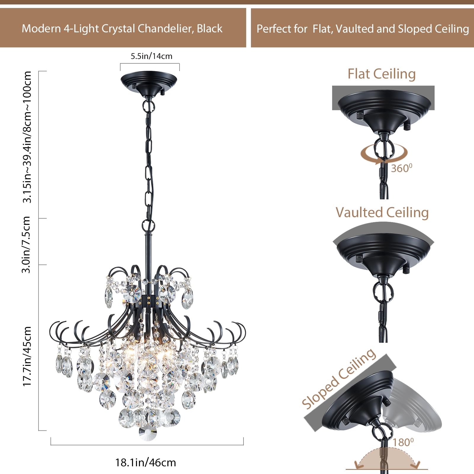peskoe Black Crystal Chandeliers for Dining Room, 4-Light Modern Light ...