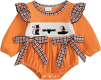 Amazon.com: Bowanadacles Newborn Baby Girl Halloween Outfit Clothes Embroidery Smocked Romper ...