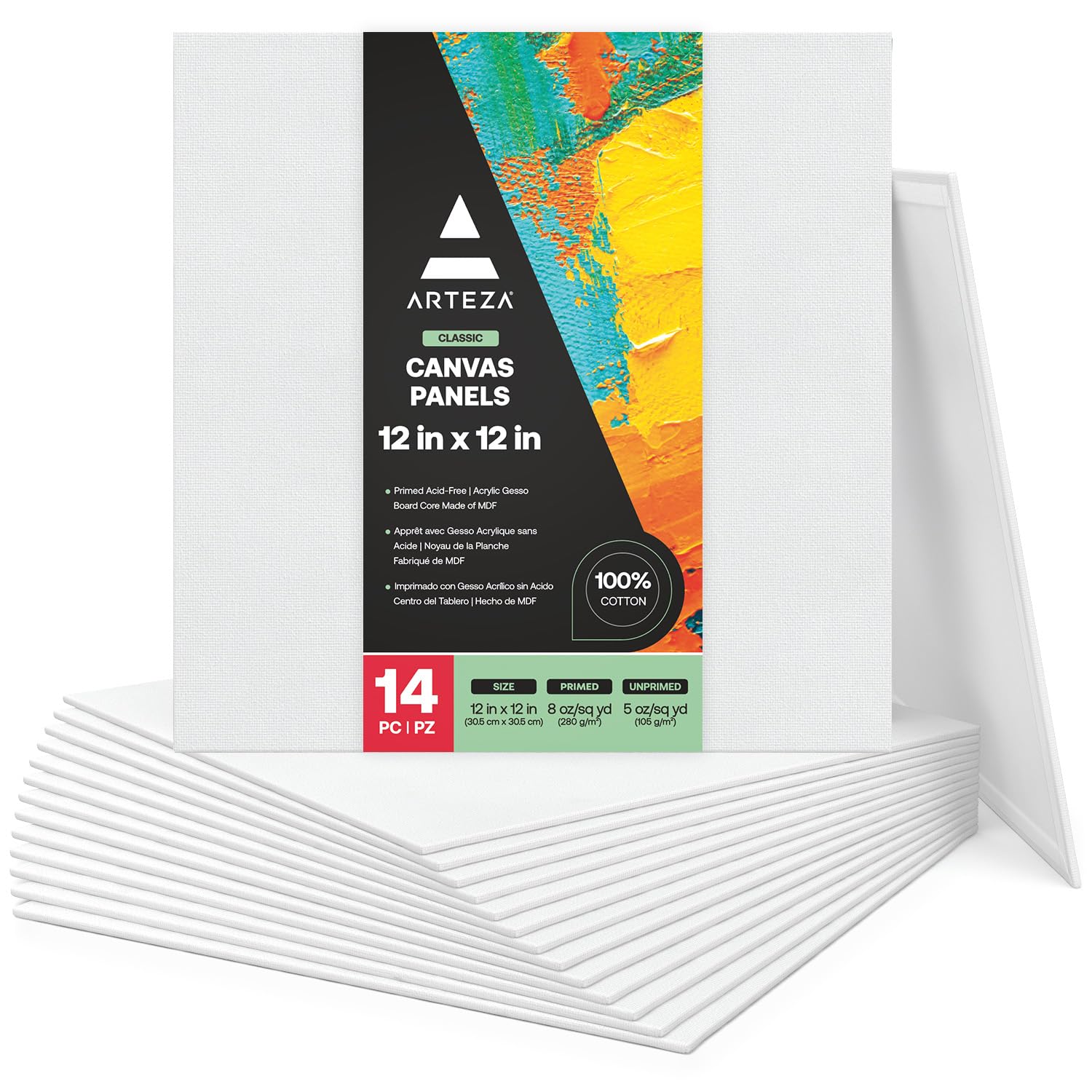 ARTEZA Canvases for Painting, Bulk Pack of 14, 12 x 12 Inches, Primed ...