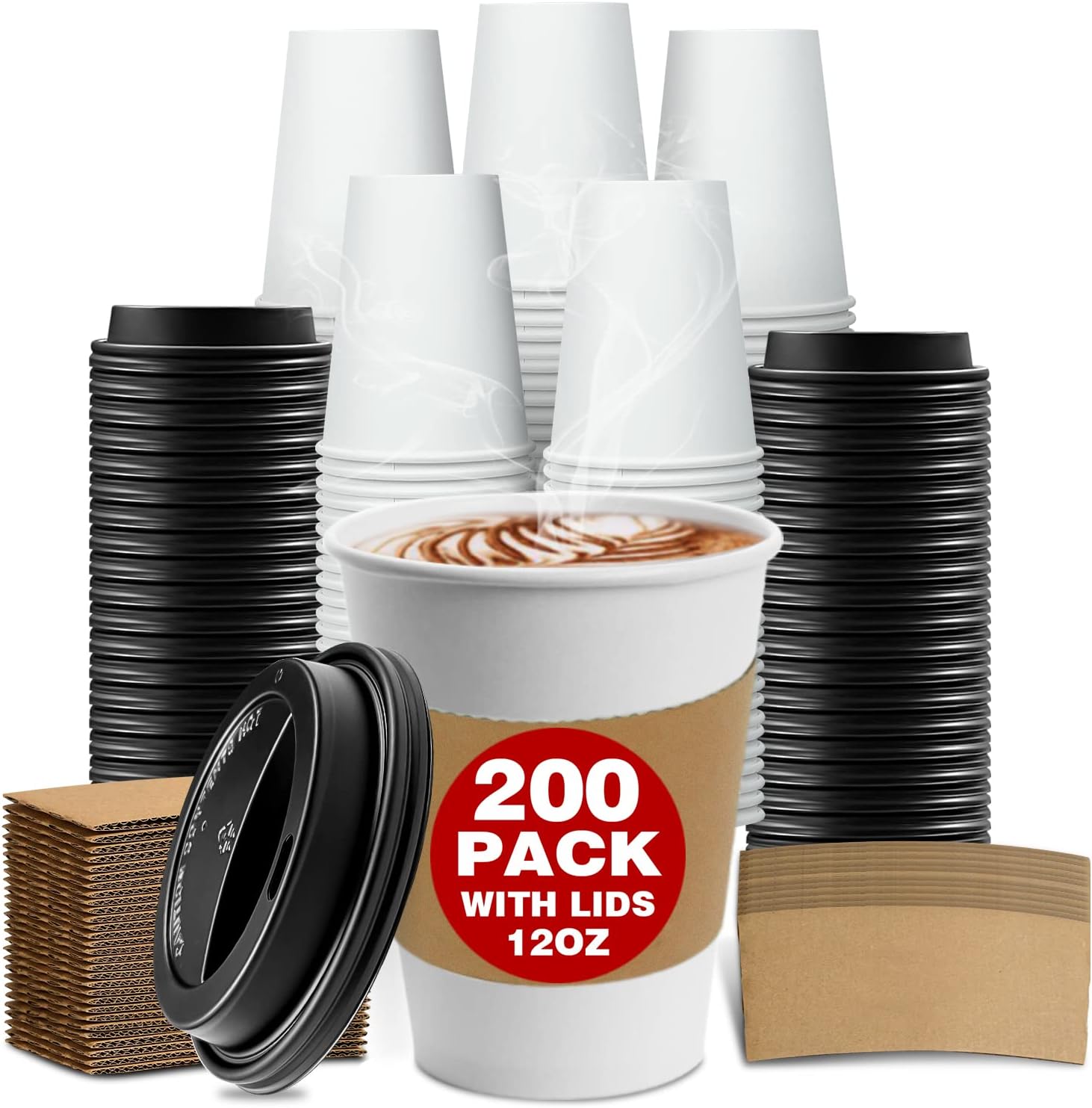 [200 Pack] 12 oz Thickened Disposable Paper Coffee Cups with Lids and ...