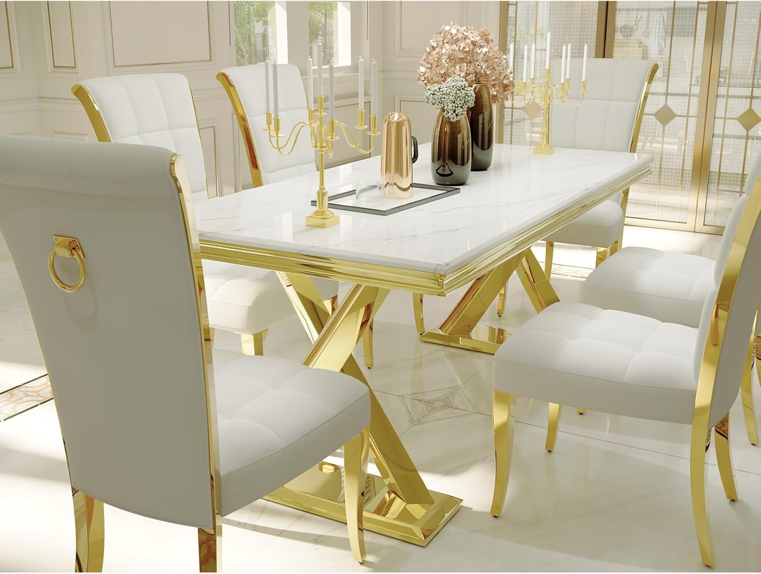 Amazon.com: jajaplus 7-Piece White and Gold Dining Table Set for 6 ...