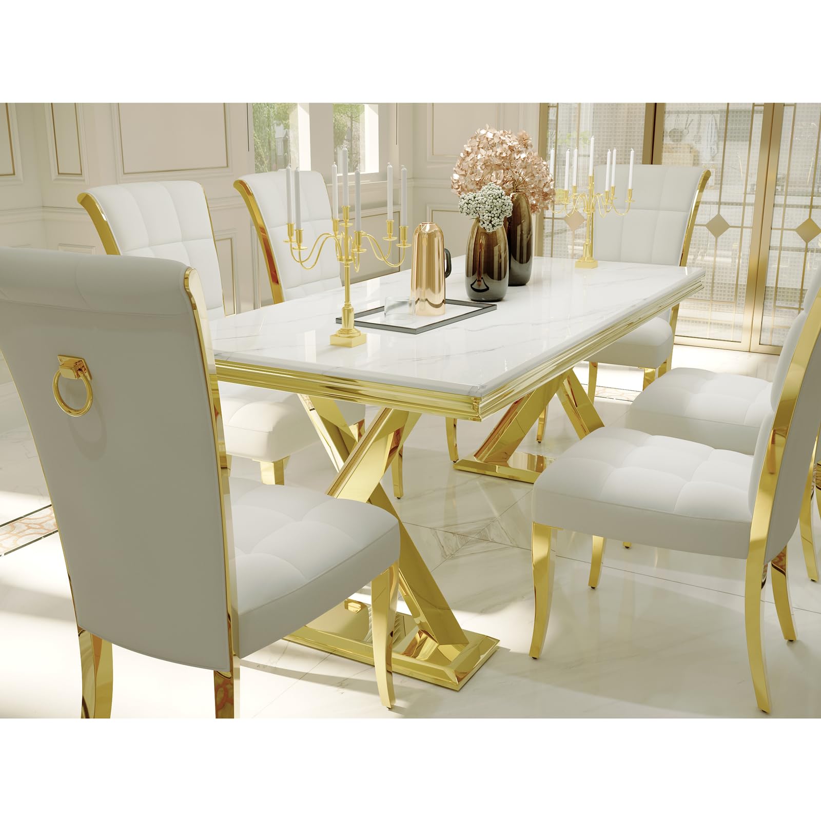 Amazon.com: jajaplus 7-Piece White and Gold Dining Table Set for 6 ...
