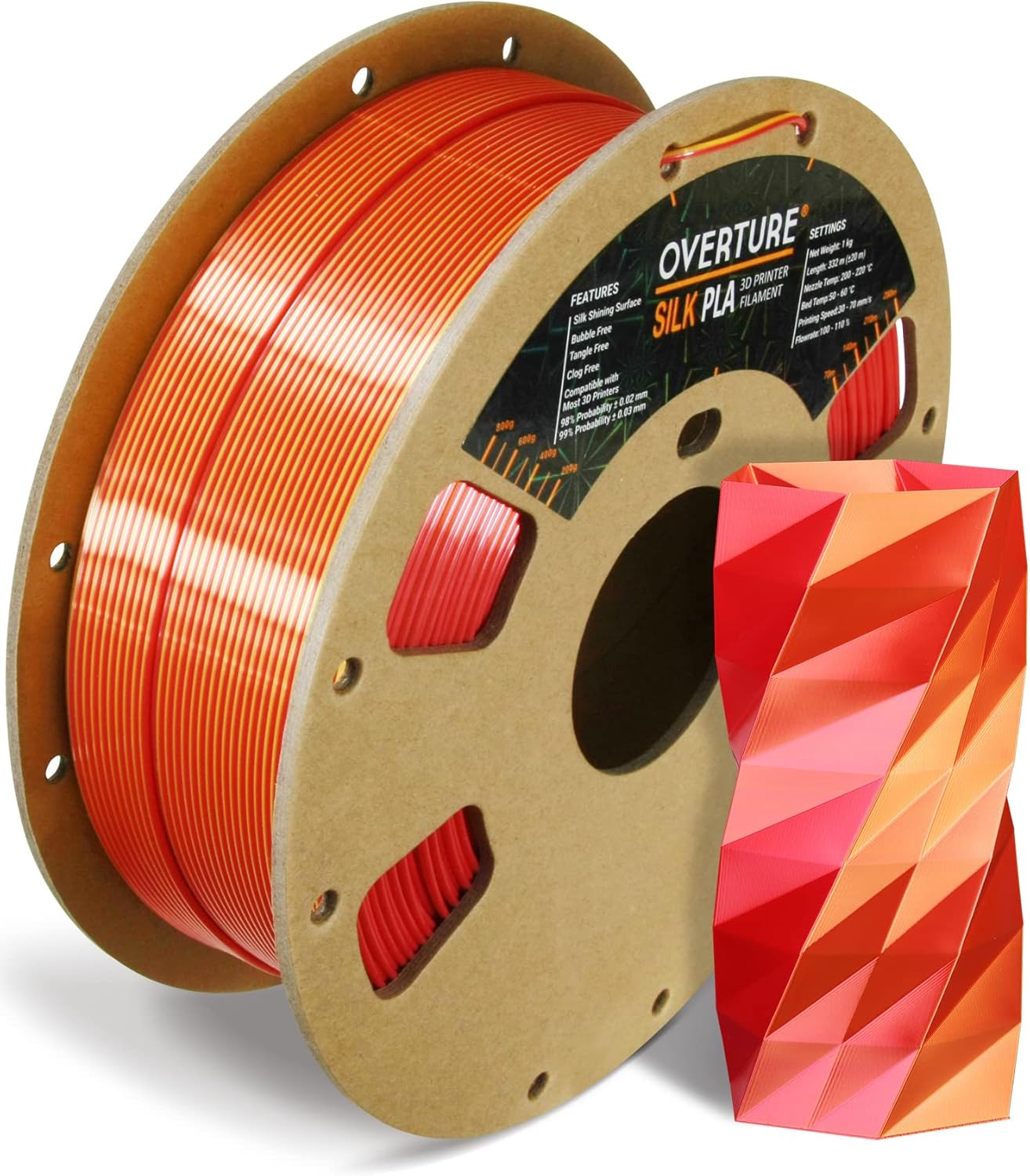 Amazon.com: OVERTURE Silk PLA 1.75mm Dual Color Filament, Clog-Free ...