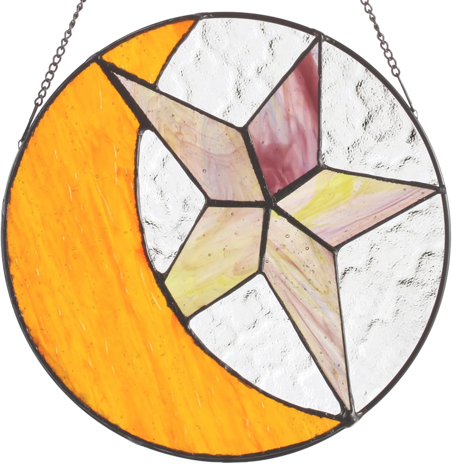 Amazon.com: Set of 2 Gold Moon Pink Star Stained Glass Window Hangings ...