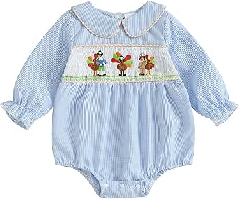 Amazon.com: DSOKUHIB Infant Baby Girl Thanksgiving Outfit Turkey Embroidery Plaid Bubble Romper ...
