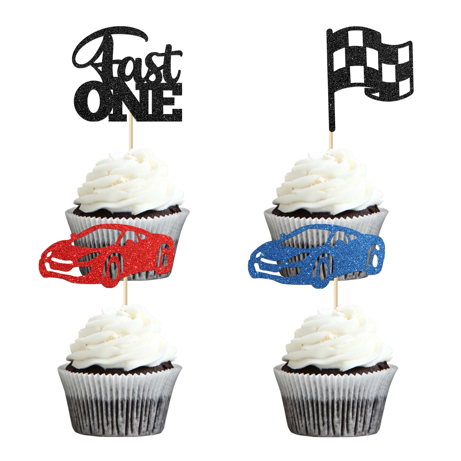 Amazon.com: Kaakswa 24 Pack Race Car Cupcake Toppers,Glitter Fast One ...