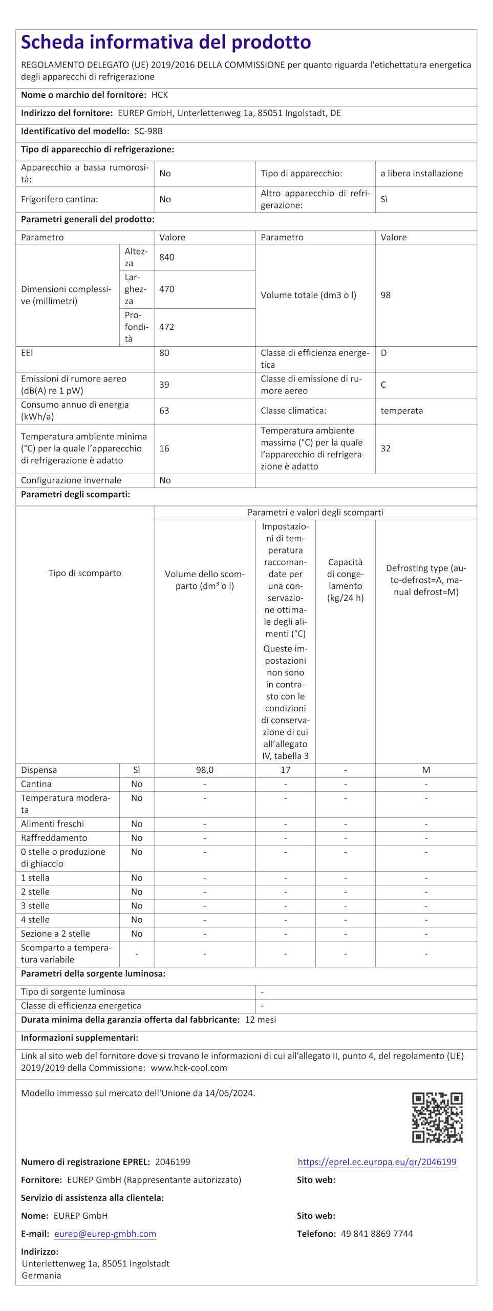 HCK Refrigeratore Bevande, Mini Frigo 98L, Frigorifero Piccolo con ...