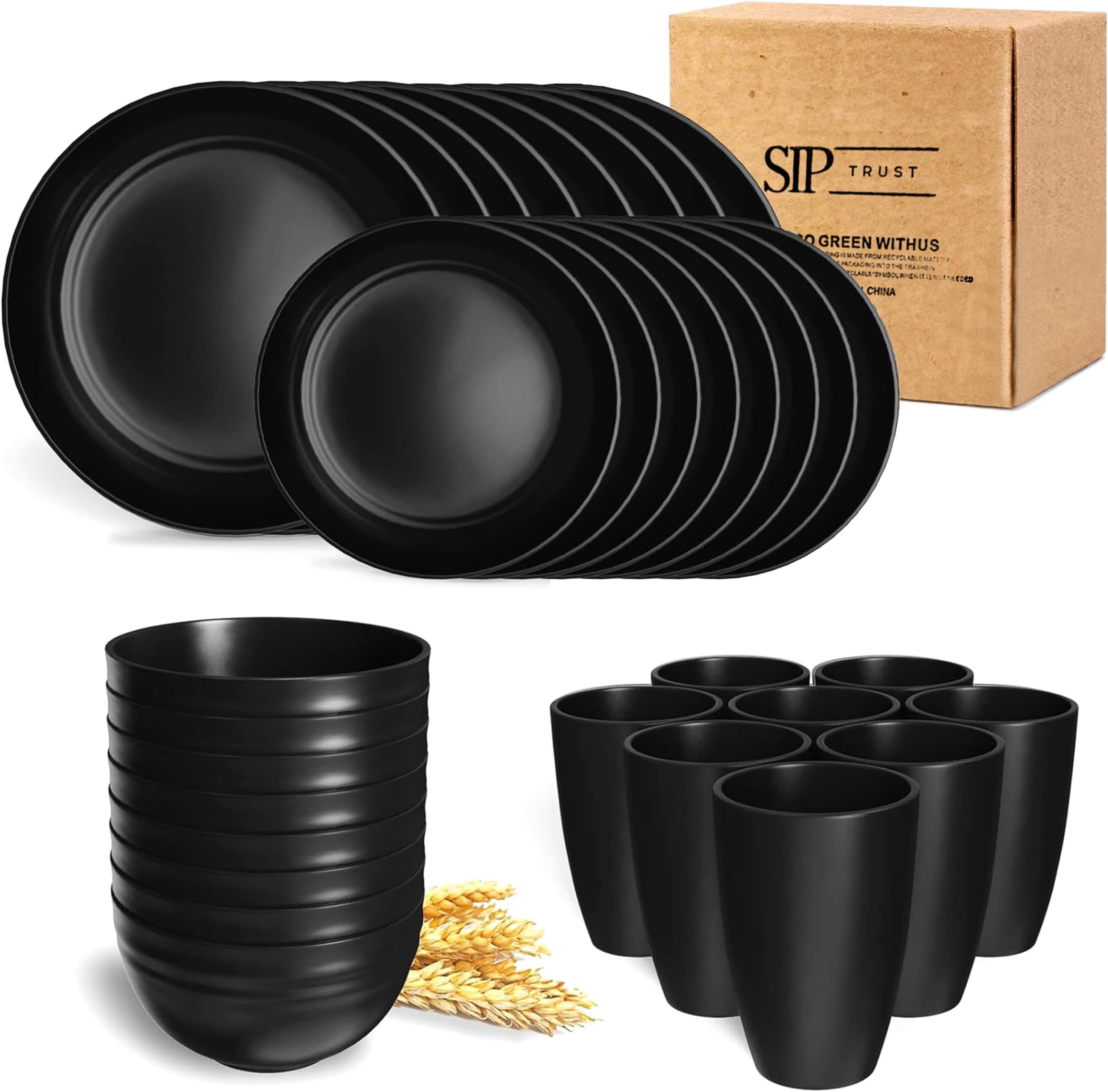 Amazon.com: Dandat 48 Piece Plate and Bowl Sets for 12 Kitchen Wheat ...