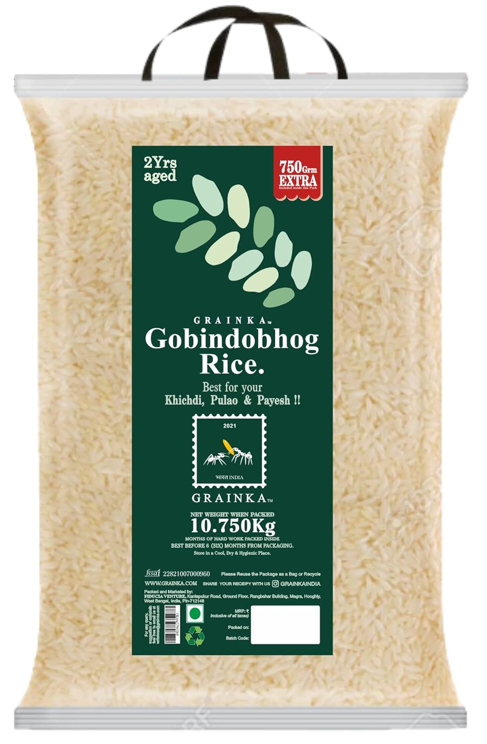 2021 BHARAT INDIA GRAINKA Gobindobhog Rice | 10.750 Kg | Premium Aged Aromatic Rice | Ideal for ...