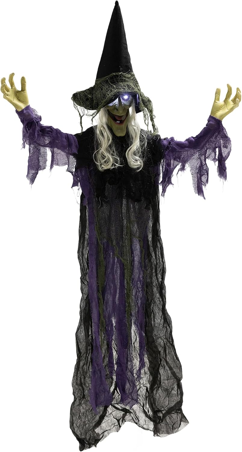Outsunny 183 cm Life Size Halloween Animated Hanging Witch with Glowing ...