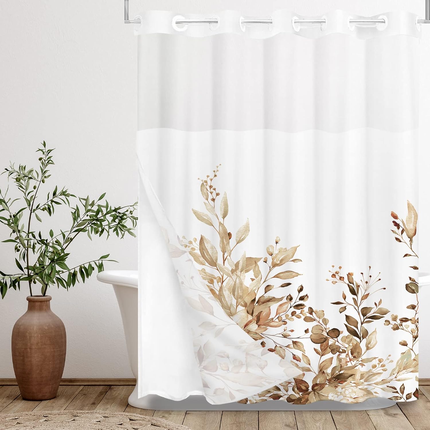 Amazon.com: Tititex No Hooks Snap in Liner Tan Eucalyptus Leaves Shower ...