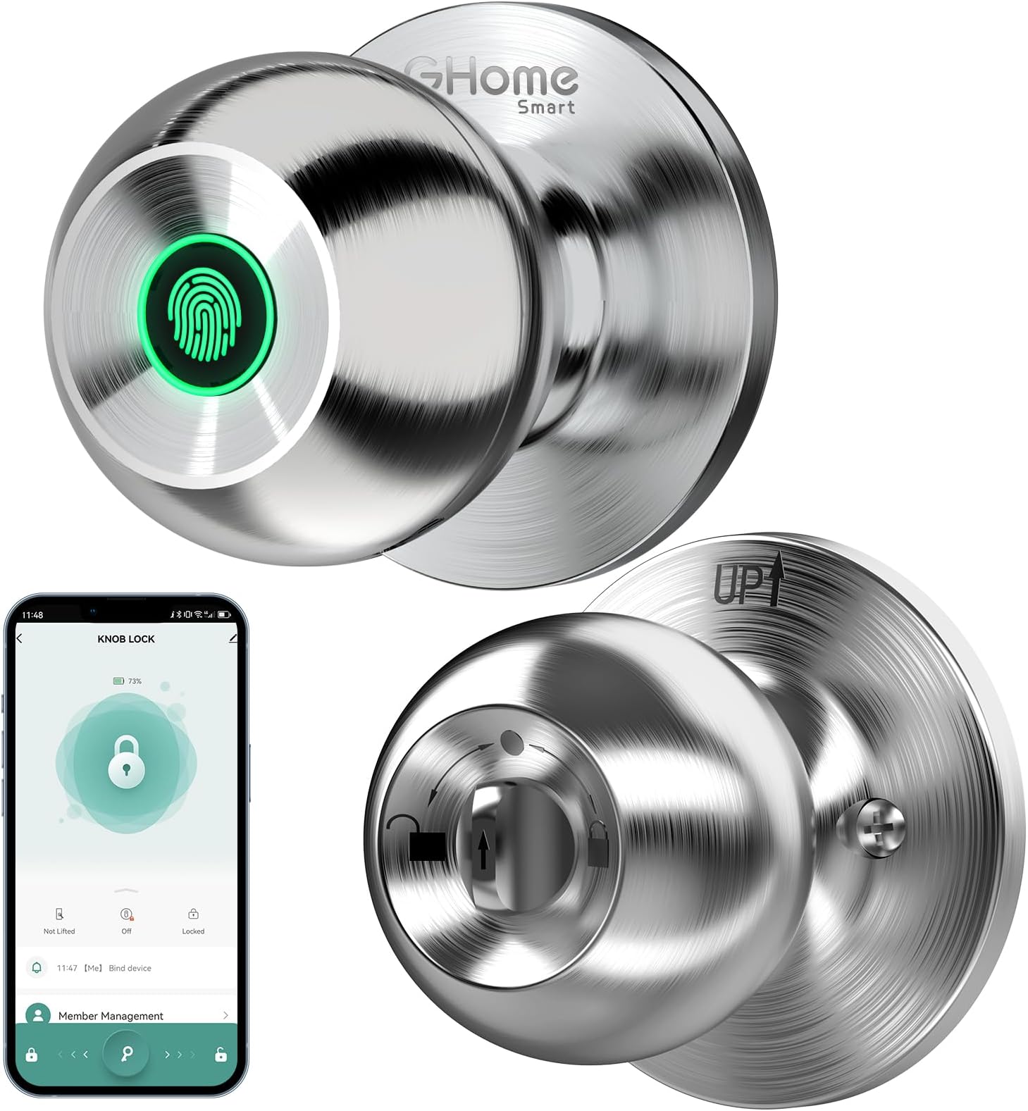 GHome Smart Fingerprint Door Lock, 3 in 1 Smart Door Knob with App ...