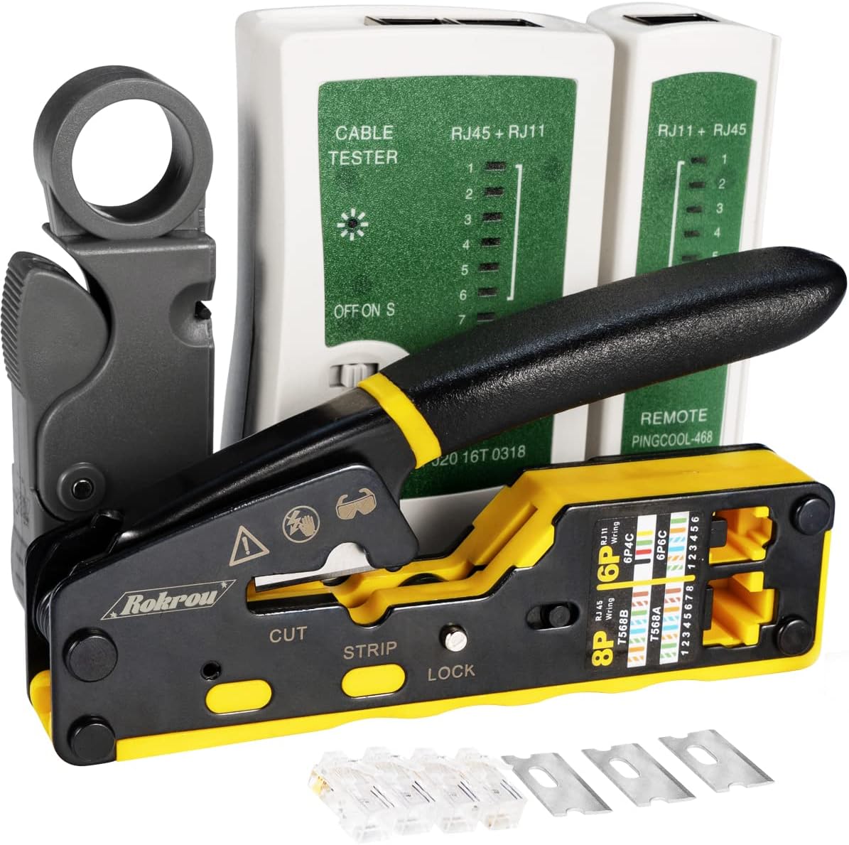 Rokrou RJ45 Crimp Tool Pass Through Ethernet Crimper CAT6 Cat5e Cat5 ...