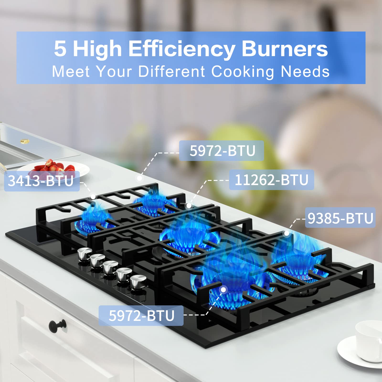 Davivy 34 inch Gas Cooktop,5 Burner Gas Stove Top,Built in All Black ...