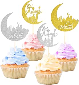 24pcs Eid Mubarak Cupcake Toppers, Glitter Gold Silver Ramadan Cupcake ...