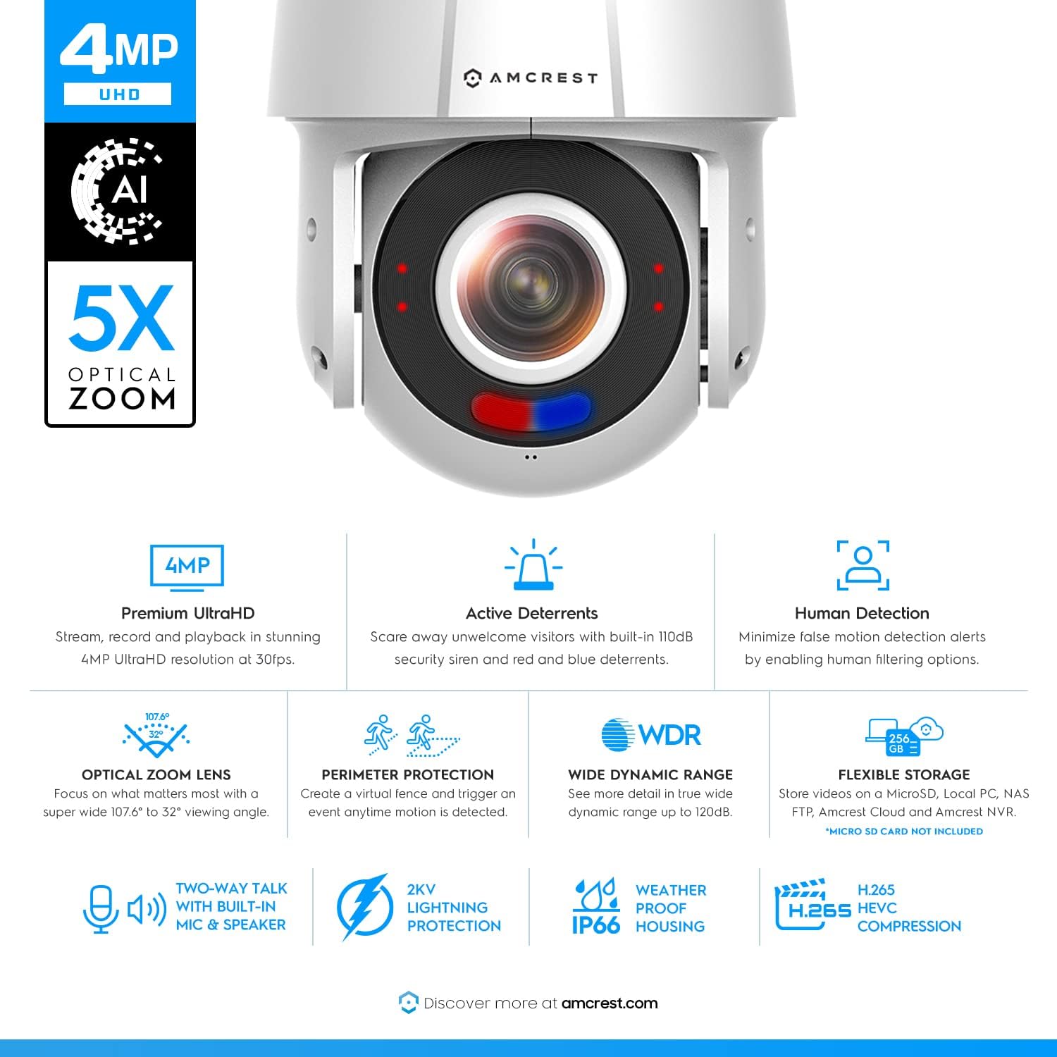 Amcrest Cámara IP PTZ POE AI de 4 MP para exteriores, cúpula de ...