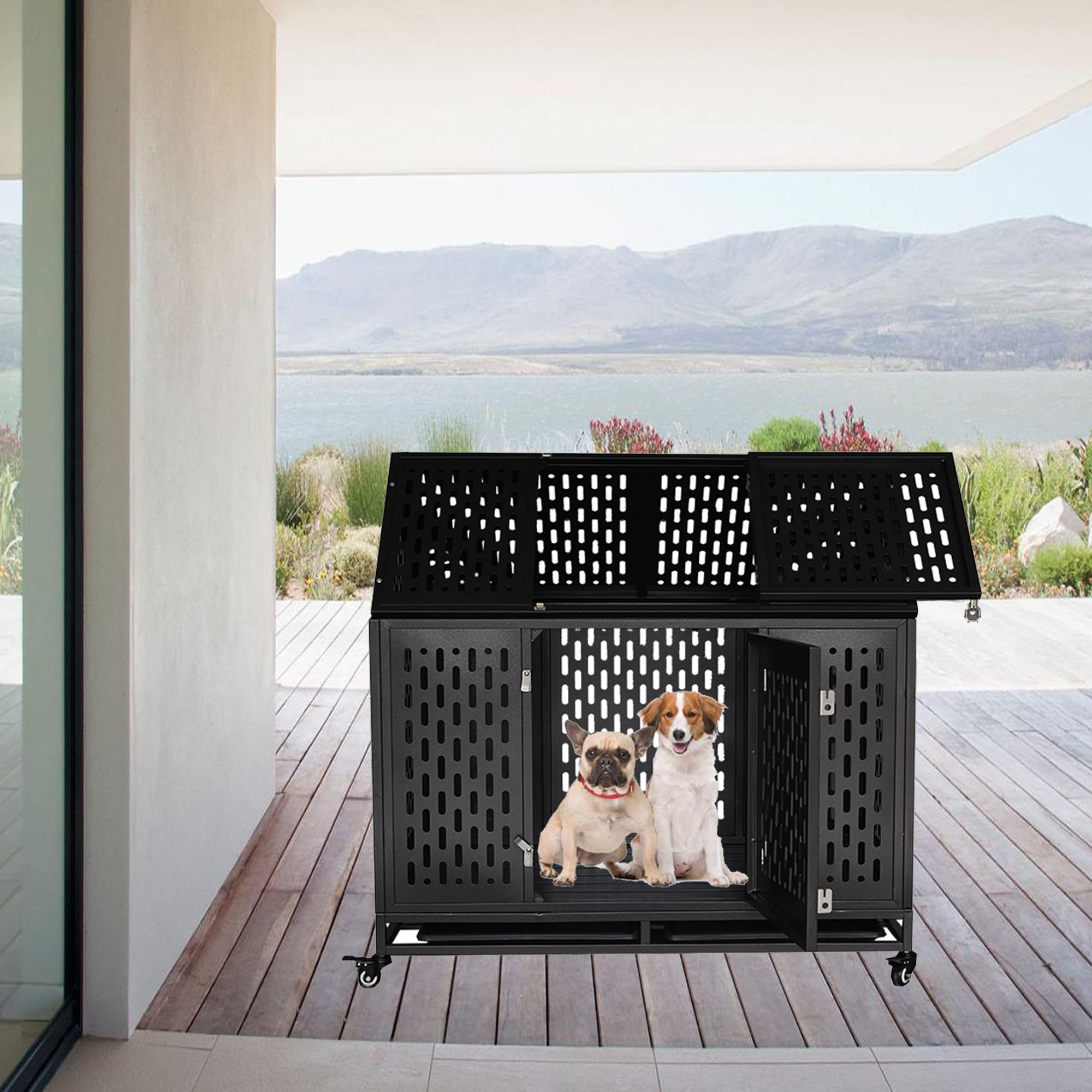 (Incomplete)Heavy Duty Dog Crate Cage Kennel, Roof Large Strong Metal ...