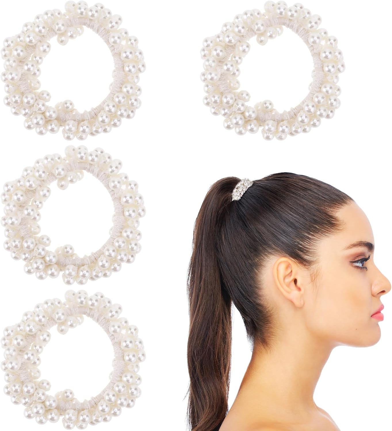 Lusofie 4Pcs Pearl Hair Ties White Pearl Scrunchie Elastic Pearl ...