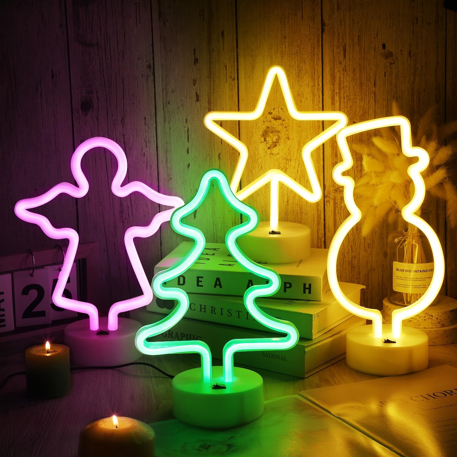 Amazon.com : Baquler 4 Pcs Christmas Neon Light Tabletop LED Neon Sign ...