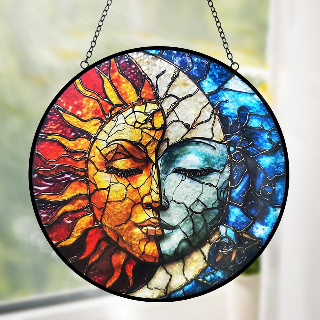 Sun And Moon Stained Glass HAOSUM Blue Sun Moon Stained Glass Window
