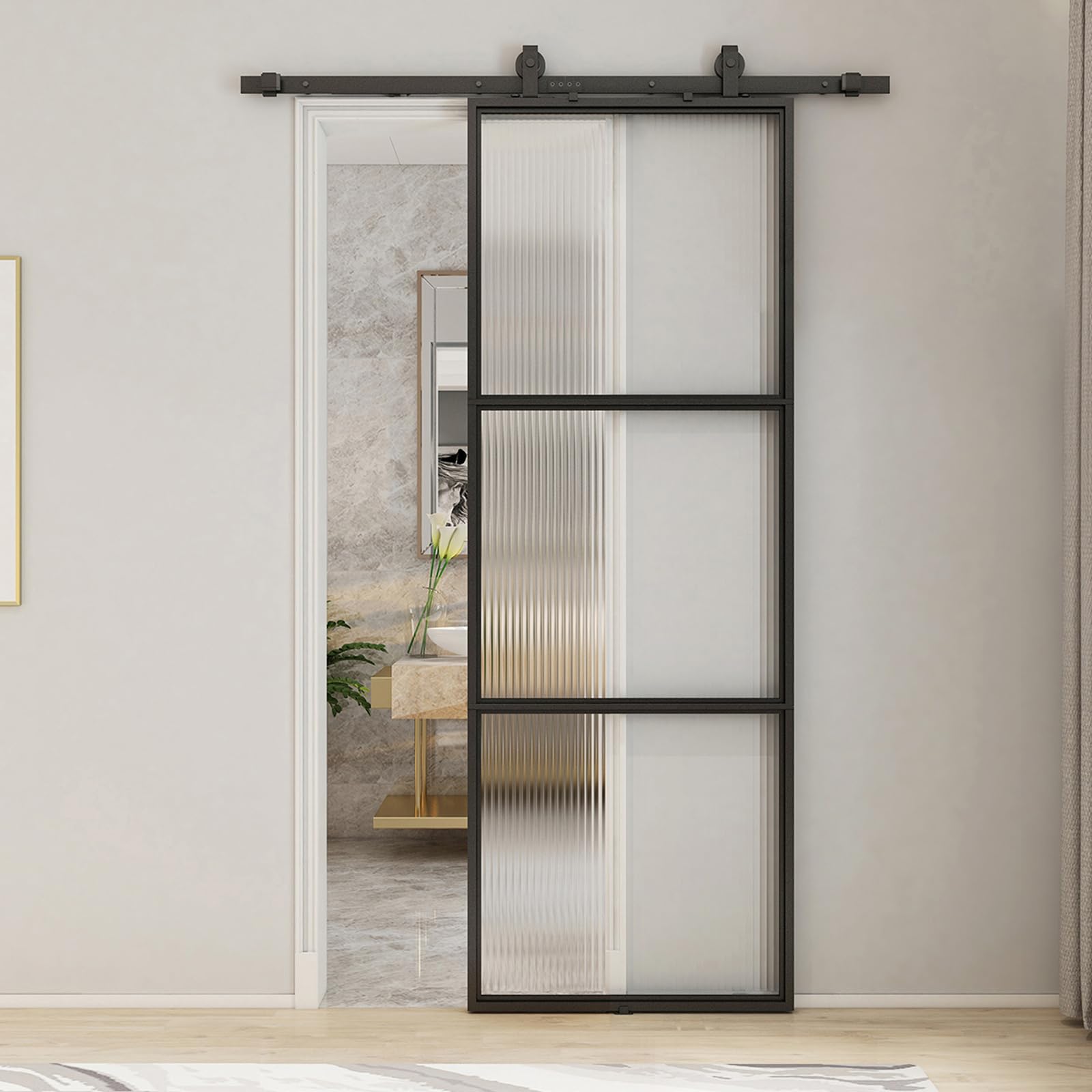 Snapklik.com : JUBEST Glass Barn Door 30in X 84in, Reeded Glass Carbon ...