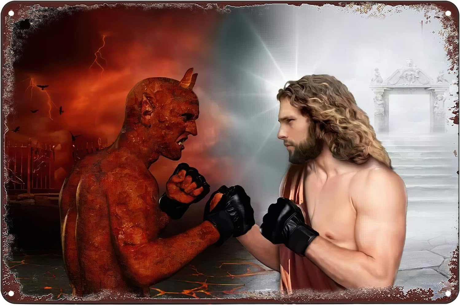 Amazon.com: Jesus Christ vs Devil Satan Fighting Metal Poster Boxing Tin Sign Vintage Wall Art ...