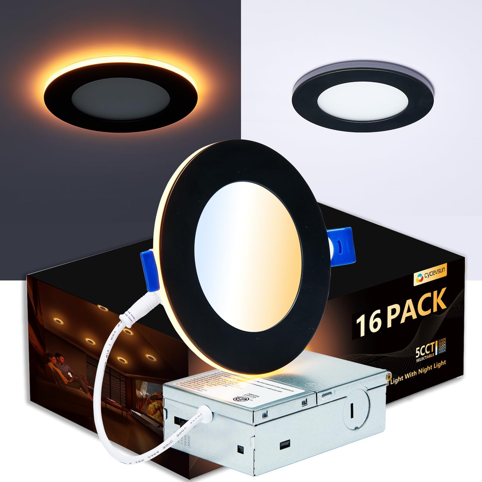 CycevSun 16 Pack Black Recessed Lights 4 Inch with Night Light, Canless ...