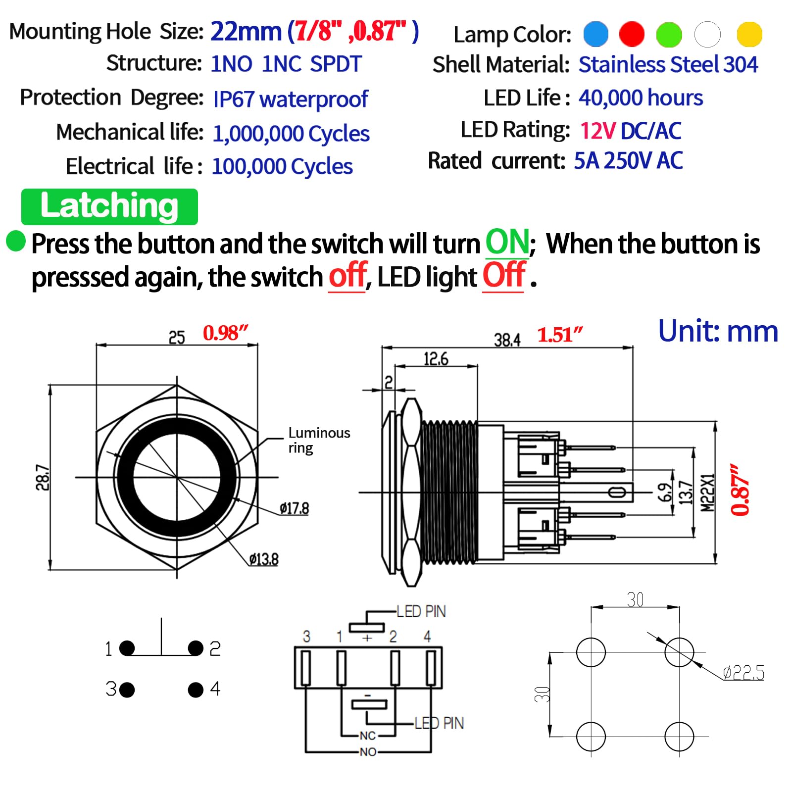 Snapklik.com : UL Certification Latching Push Button Switch 22mm 7/8 ...