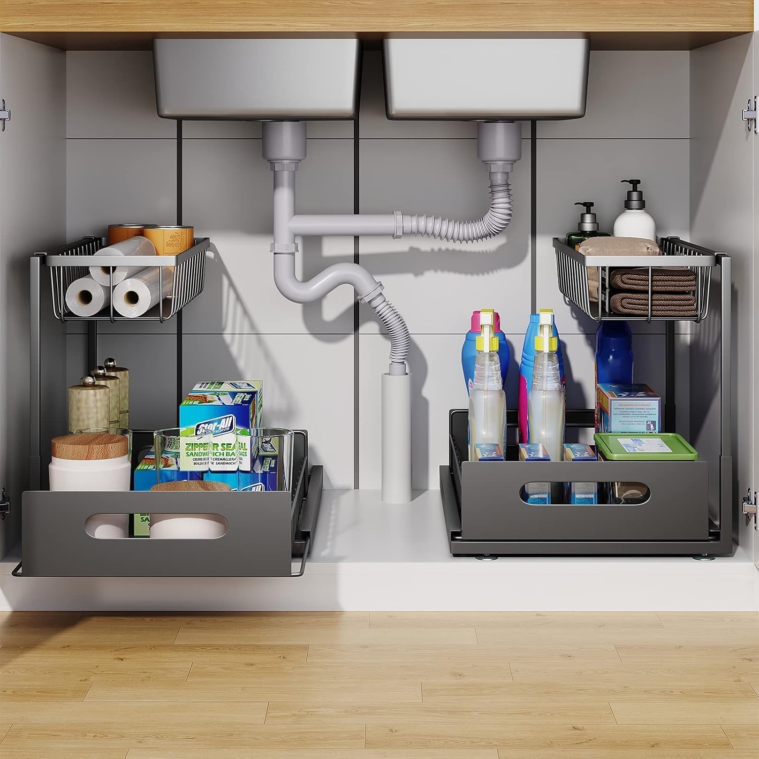 Anfower 2-Tier Under Sink Organizer, 2 Pack Pull Out Cabinet Organizer ...