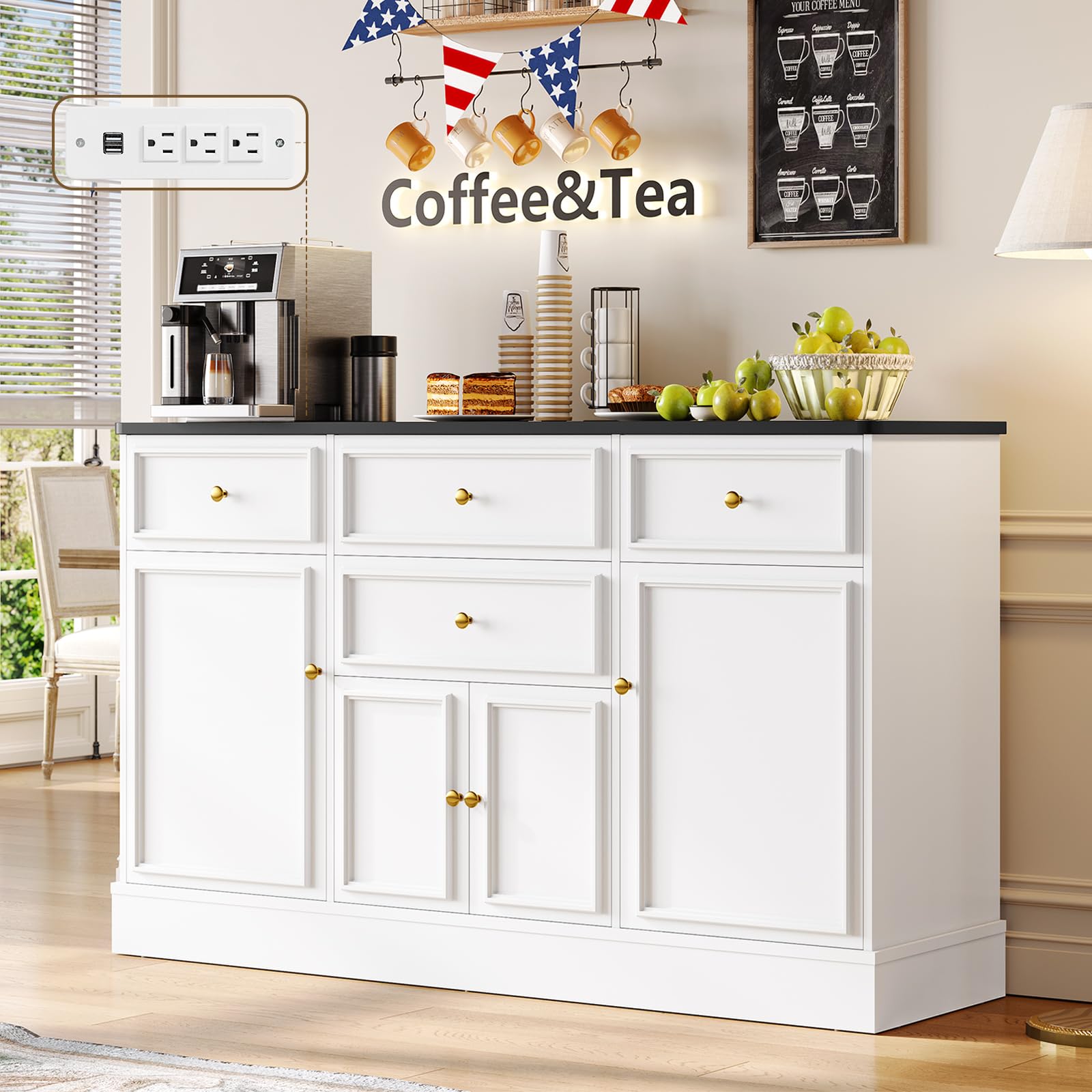 Hasuit 55.1"W Sideboard Cabinet with Storage Drawers & Doors, White ...
