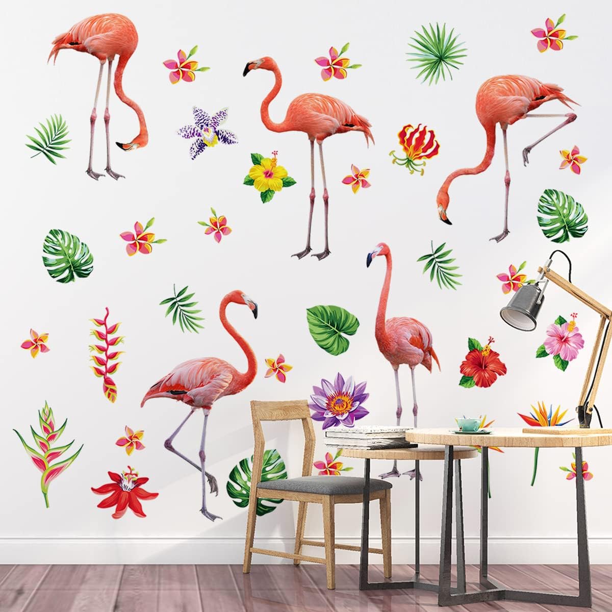 Amazon.com: MEFOSS 3D Colorful Flamingo Wall Decals Tropical Flowers ...