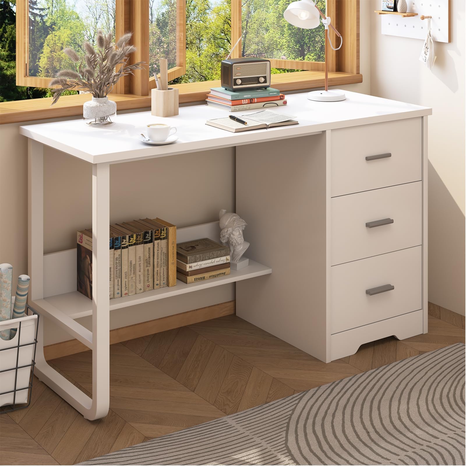 Amazon.com: MaverickFurni White Desk with 3 Drawers, Kids Desk for ...