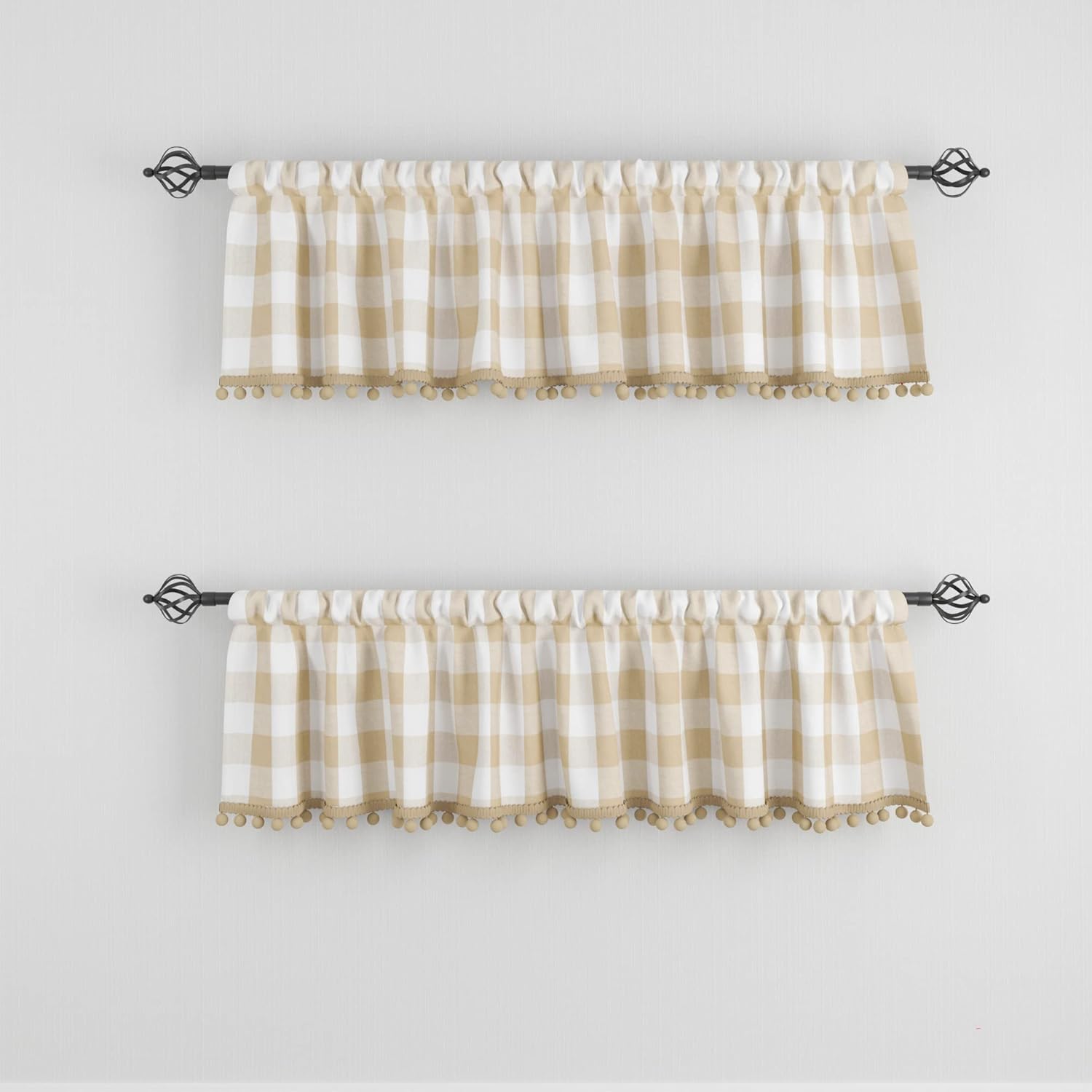 Amazon.com: Beige Valances with Pom-Poms Buffalo Check Valence for ...