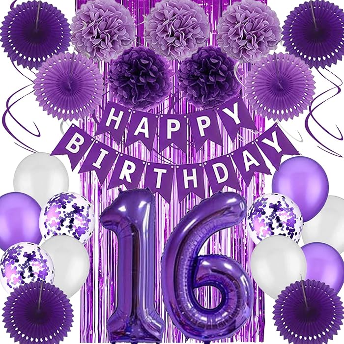 Buy Haimimall 16th Purple Happy Birthday Party decorations, Happy ...