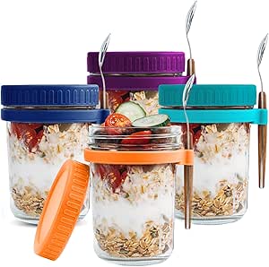 Amazon.com: SMARCH Overnight Oats Jars with Lid and Spoon Set of 2, 10 oz Large Capacity ...