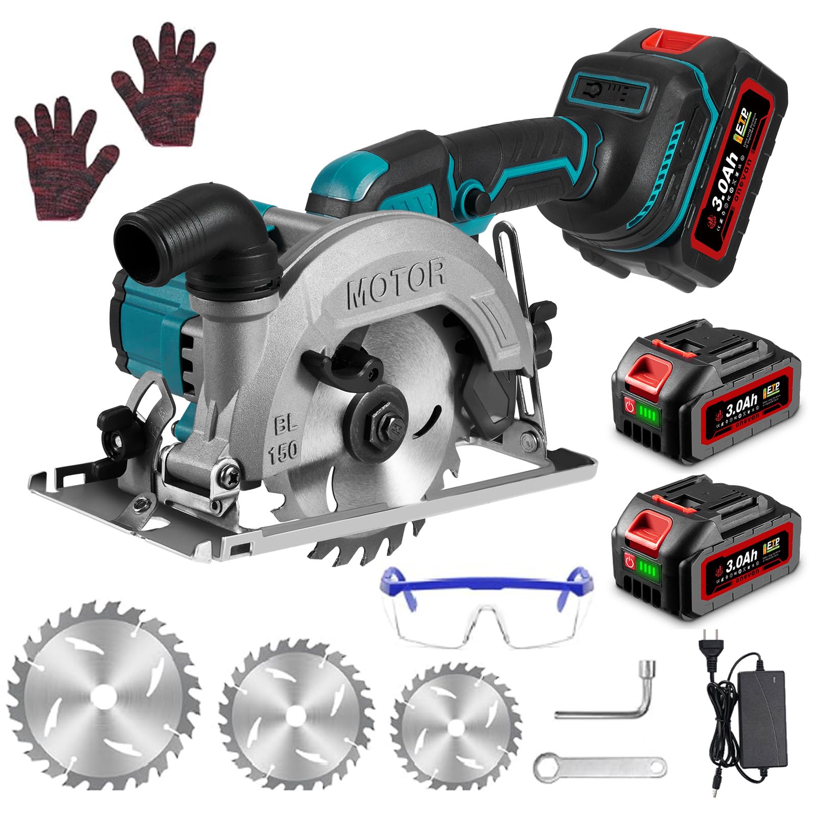 Electric Circular Saw with 2 x 3.0Ah Batteries, 7000RPM Mini Circular ...