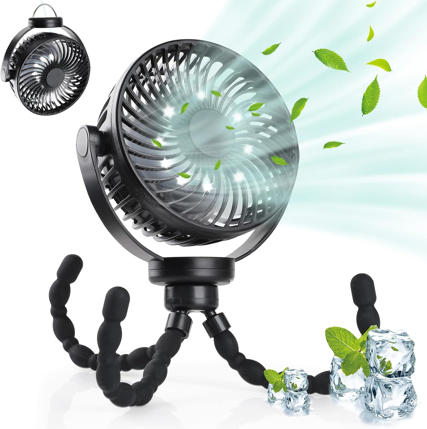 Hianjoo Stroller Fan with LED Light, 5200 mAh Desk Fan Silent Camping ...