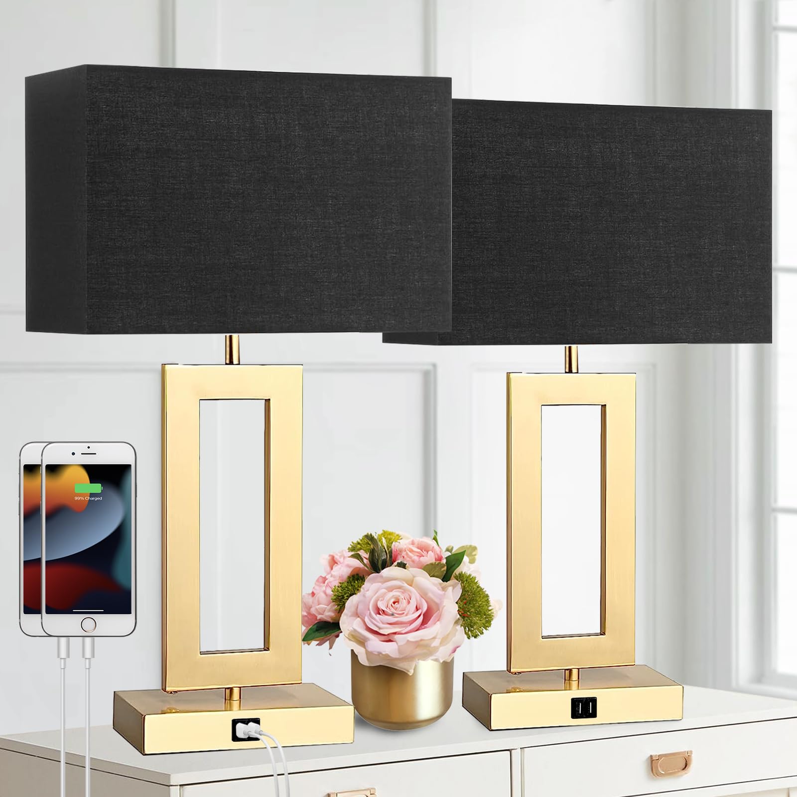 Black Table Lamps Set of 2 with Dual USB Ports,3-Way Dimmable Touch ...